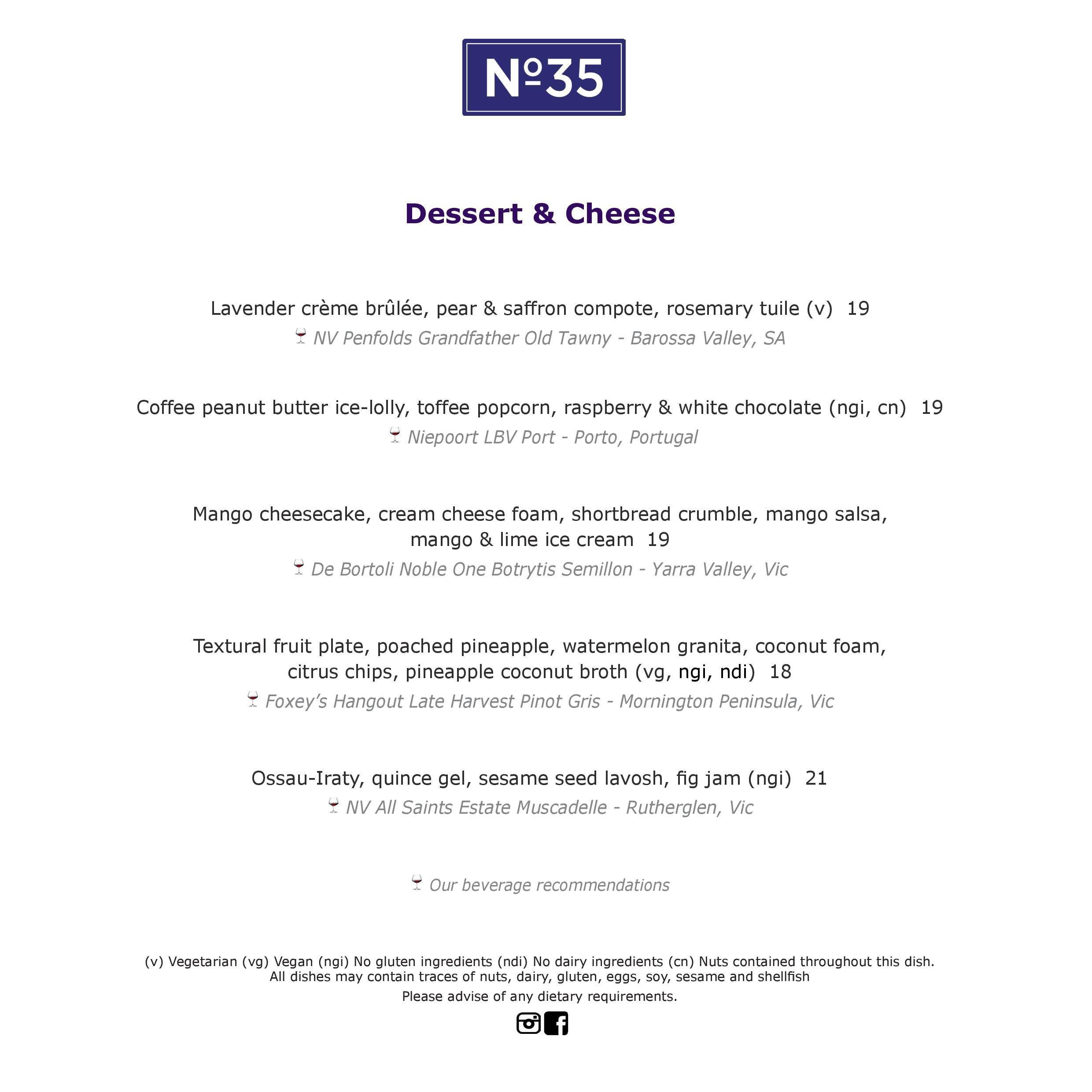 Menu at NO35 restaurant, Melbourne