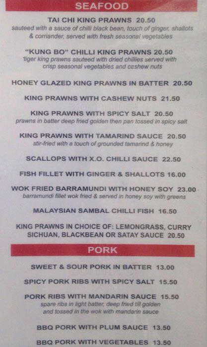 Carta del restaurante Ginseng, Frankston