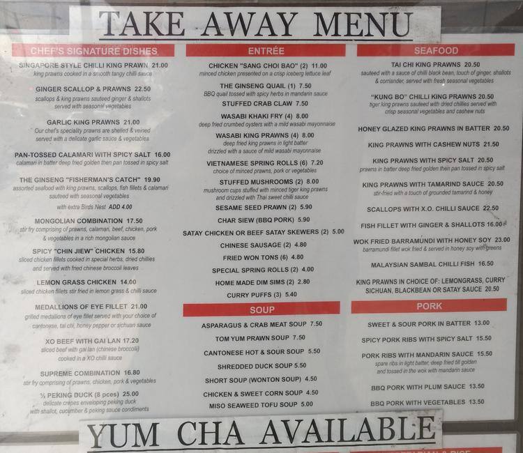 Carta del restaurante Ginseng, Frankston