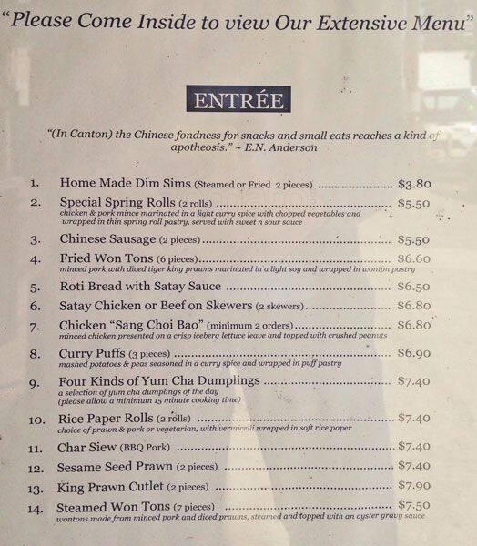 Carta del restaurante Ginseng, Frankston