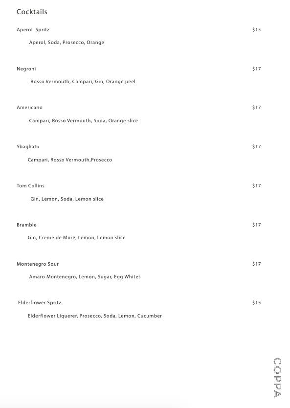 Menu at Coppa Spuntino pub & bar, Brisbane City