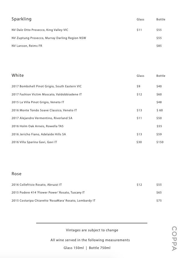 Menu at Coppa Spuntino pub & bar, Brisbane City