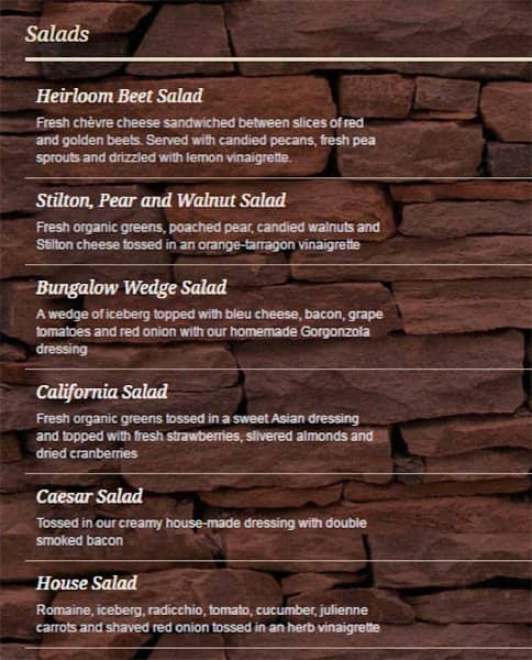 Menu at The Bungalow restaurant, London