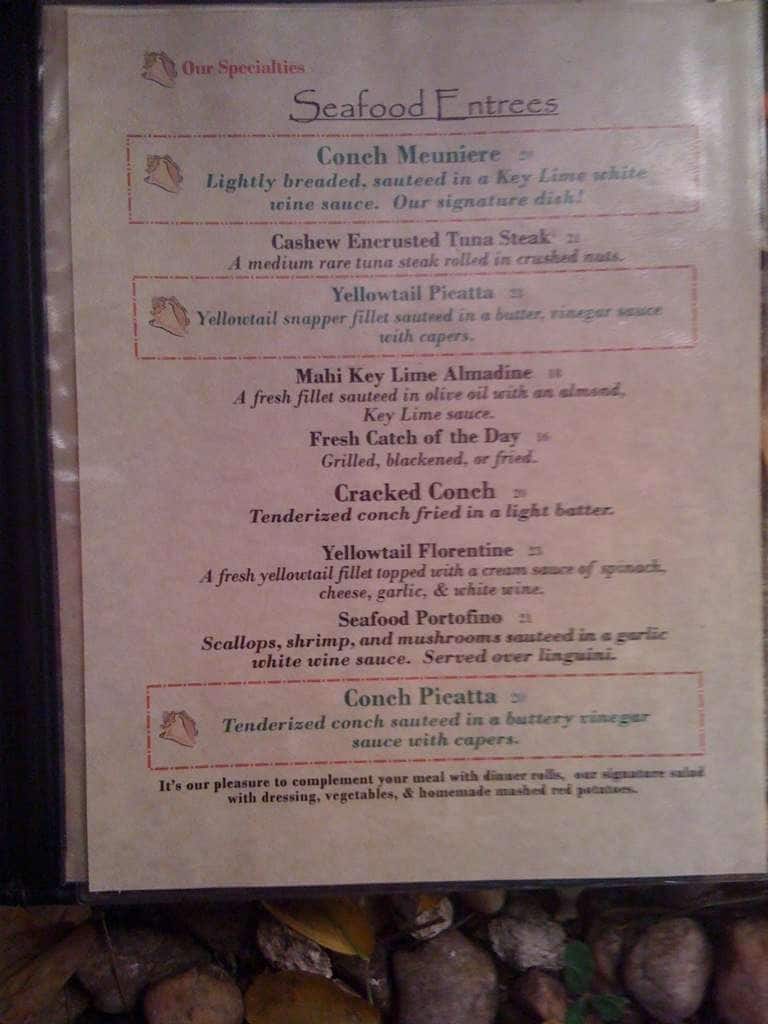 Menu at Key Largo Conch House restaurant, Key Largo
