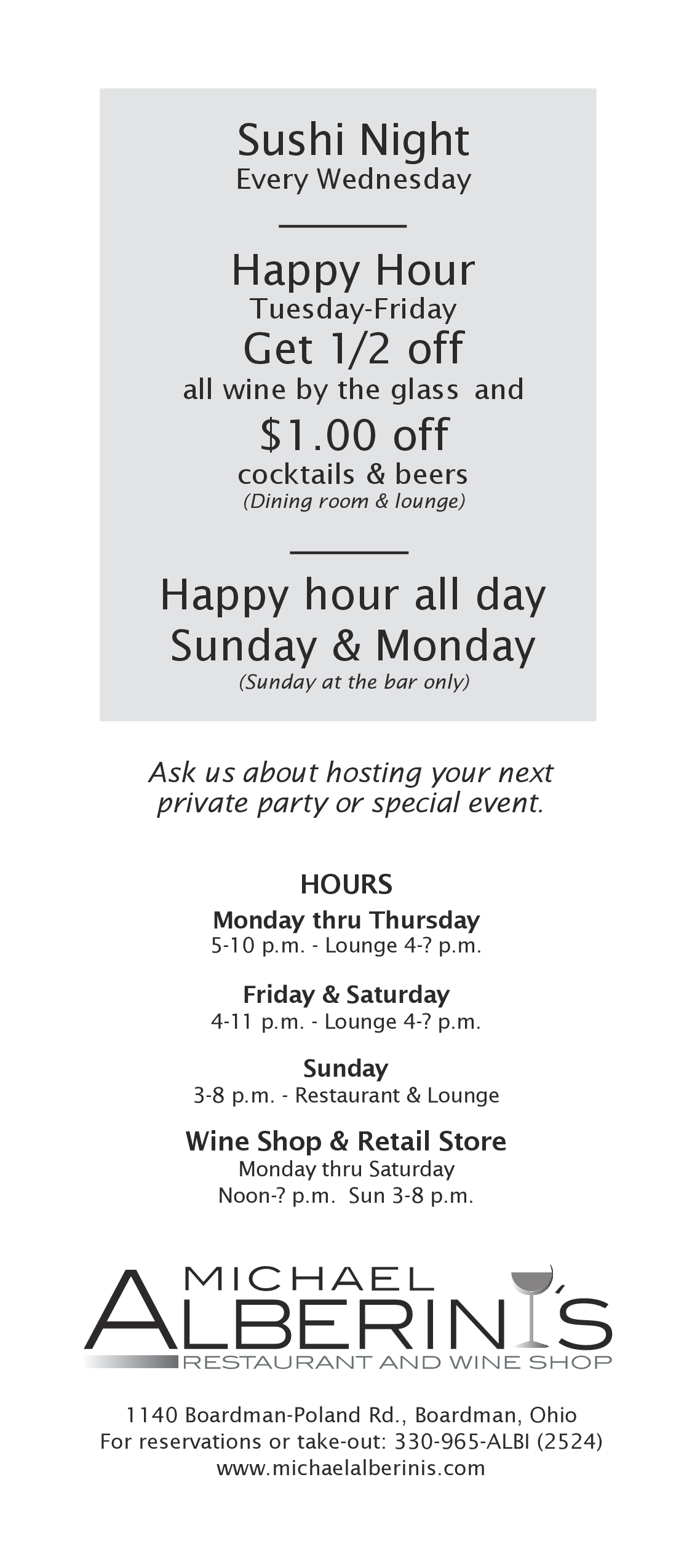 Menu at Michael Alberini's pub & bar, Youngstown, Boardman Poland Rd