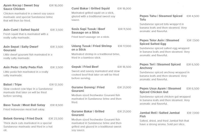 Menu at Warung Nasi Ampera, Bandung, Jl. Pasteur No. 119