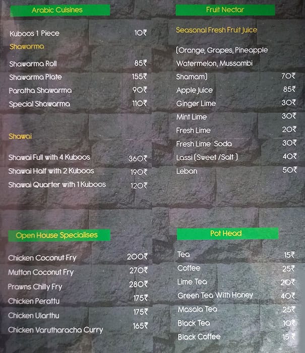 Menu of Open House, Palayam, Trivandrum