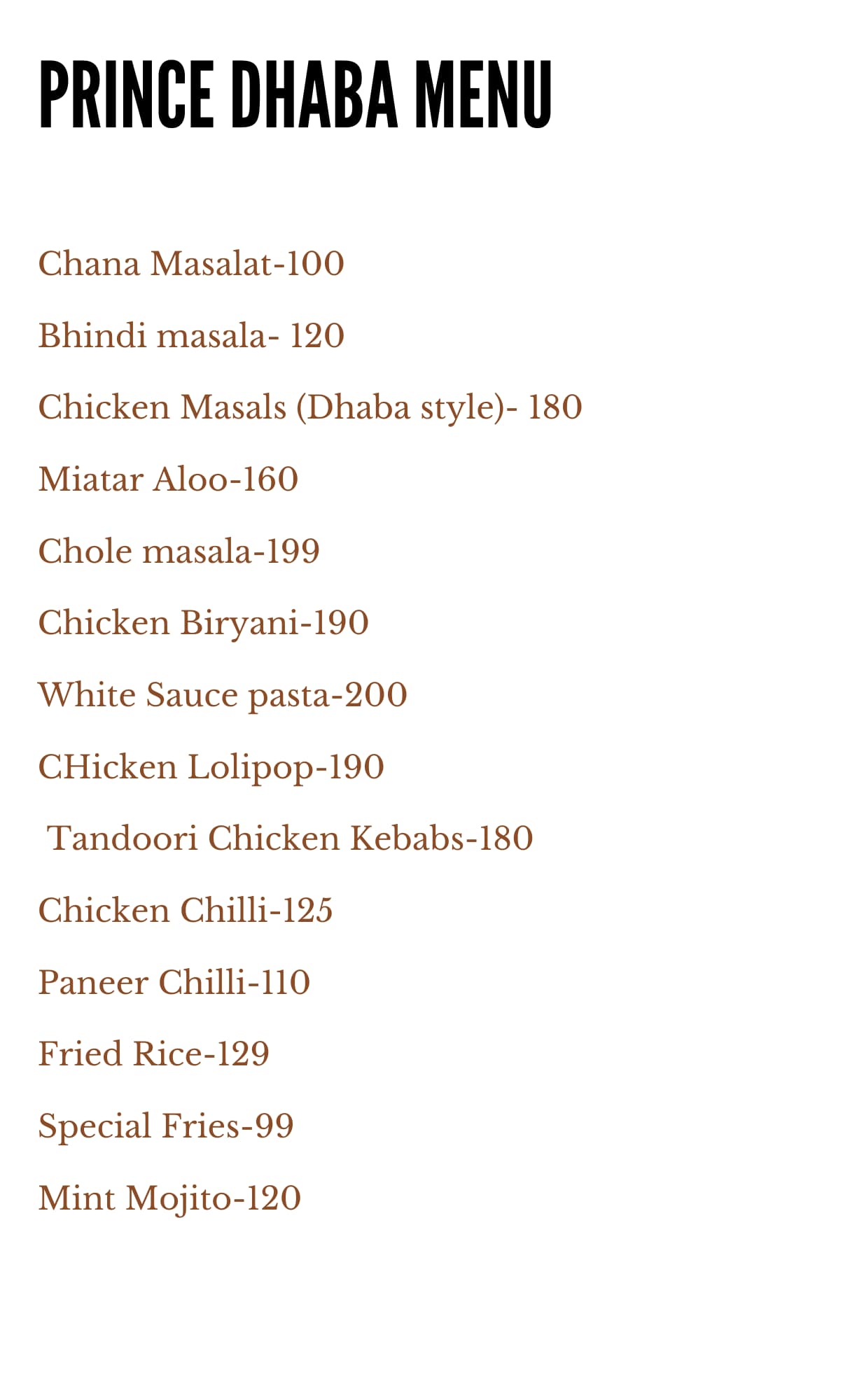 Menu of Prince Dhaba, Vasai, Mumbai