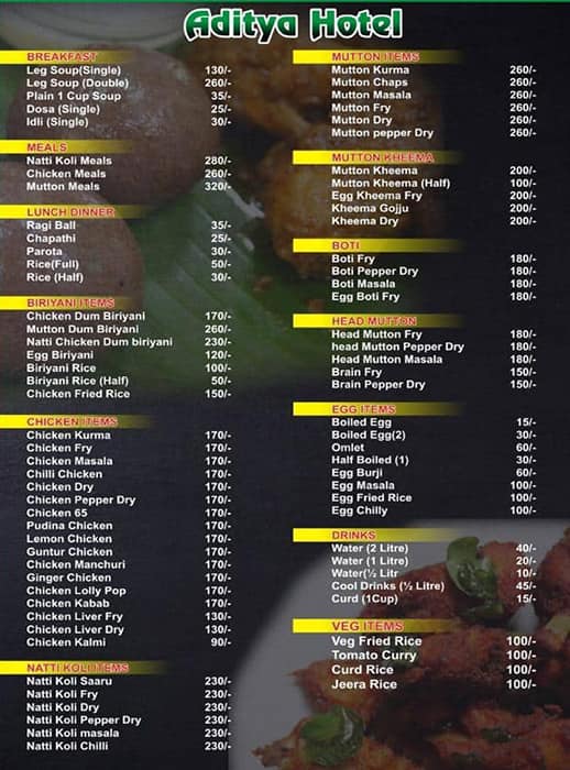 Menu of Hotel Aditya, JP Nagar, Bangalore