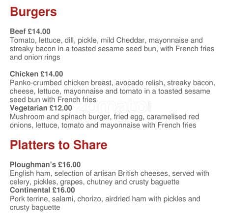 Menu at Humphrey's Bar, London