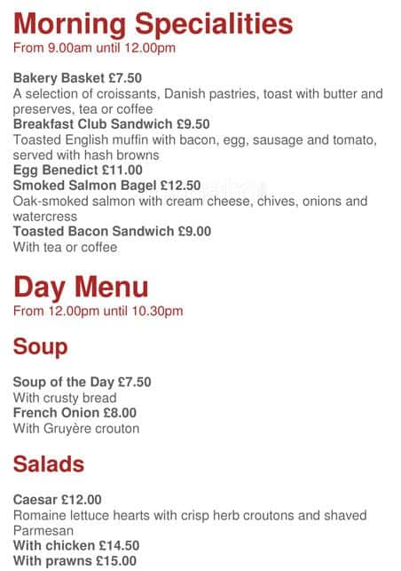 Menu at Humphrey's Bar, London