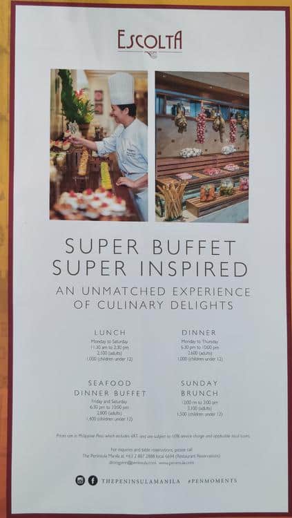 Menu at Escolta at The Peninsula Manila restaurant, Makati, 1226 Makati Ave