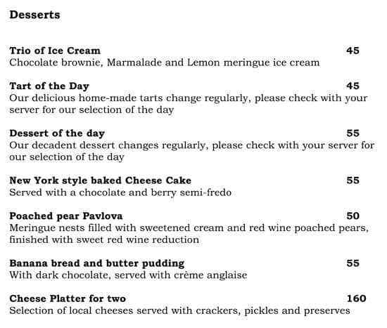 Menu at The Hermitage restaurant, Cape Town