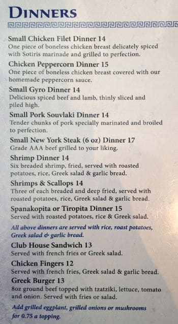 Menu at Sotiris Greek Restaurant, Burlington