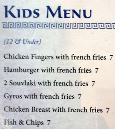Menu at Sotiris Greek Restaurant, Burlington