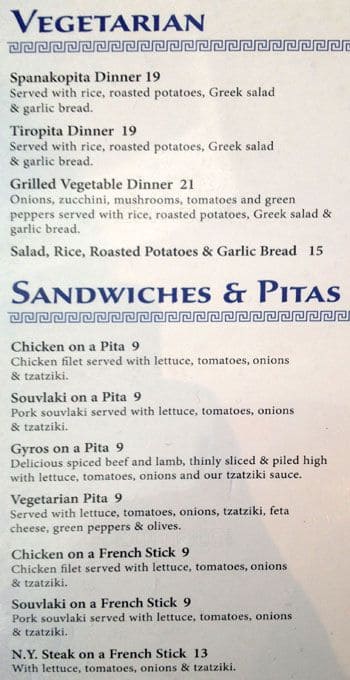 Menu at Sotiris Greek Restaurant, Burlington
