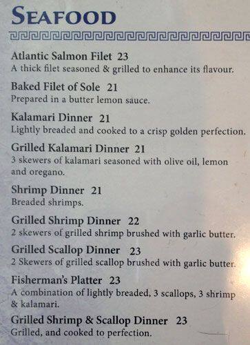 Menu at Sotiris Greek Restaurant, Burlington