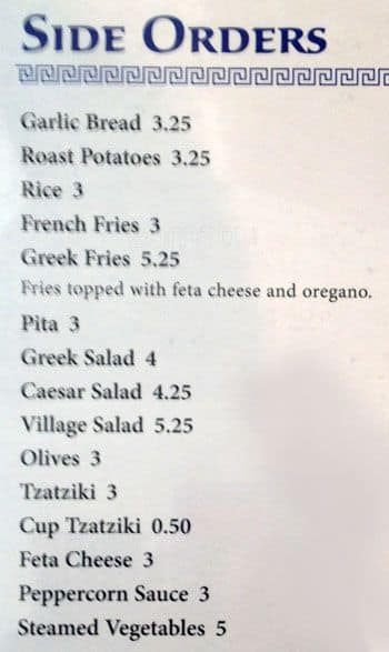 Menu at Sotiris Greek Restaurant, Burlington