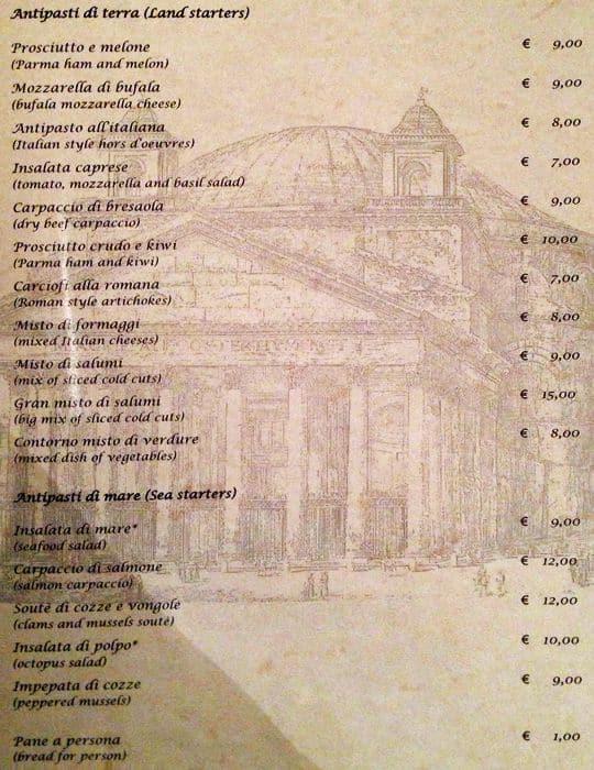 Menu da La locanda del tempio ristorante, Roma