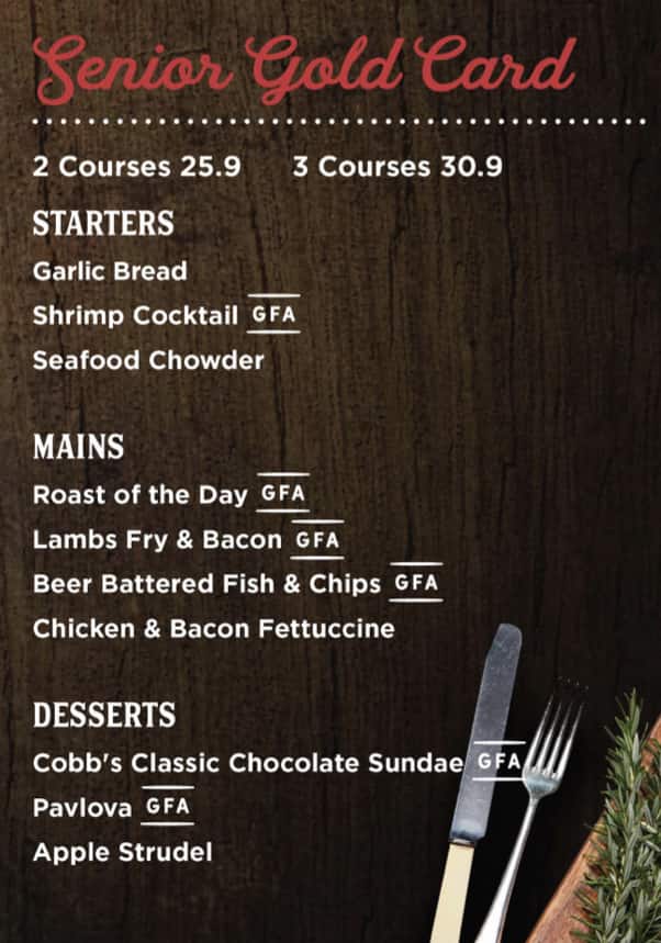 Menu at Cobb & Co. restaurant, Dunedin