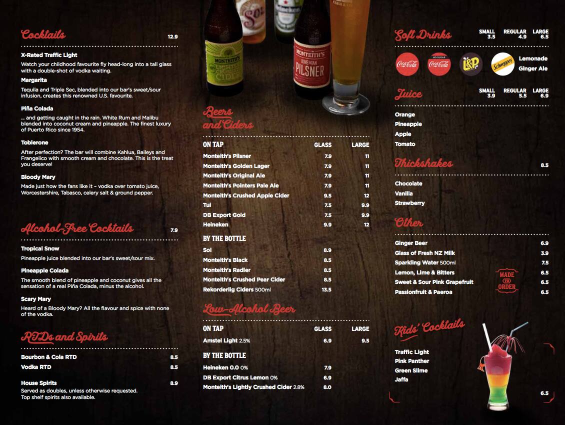 Menu at Cobb & Co. restaurant, Dunedin