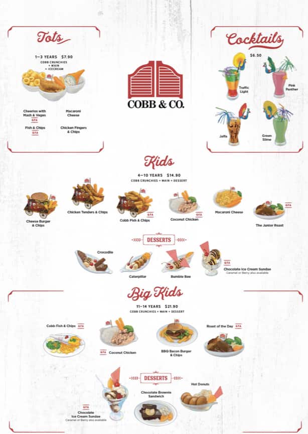 Menu at Cobb & Co. restaurant, Dunedin