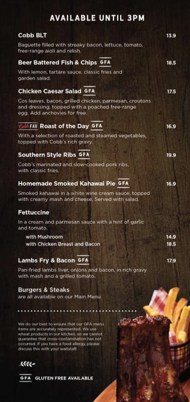 Menu at Cobb & Co. restaurant, Dunedin