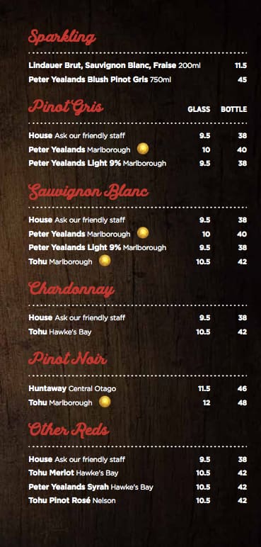 Menu at Cobb & Co. restaurant, Dunedin