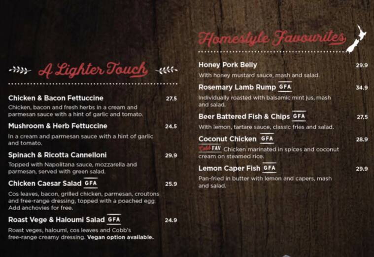 Menu at Cobb & Co. restaurant, Dunedin