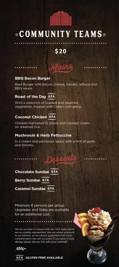 Menu at Cobb & Co. restaurant, Dunedin