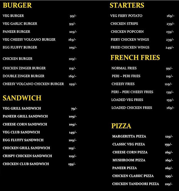 Menu of The Western Cafe, Camp Area, Pune