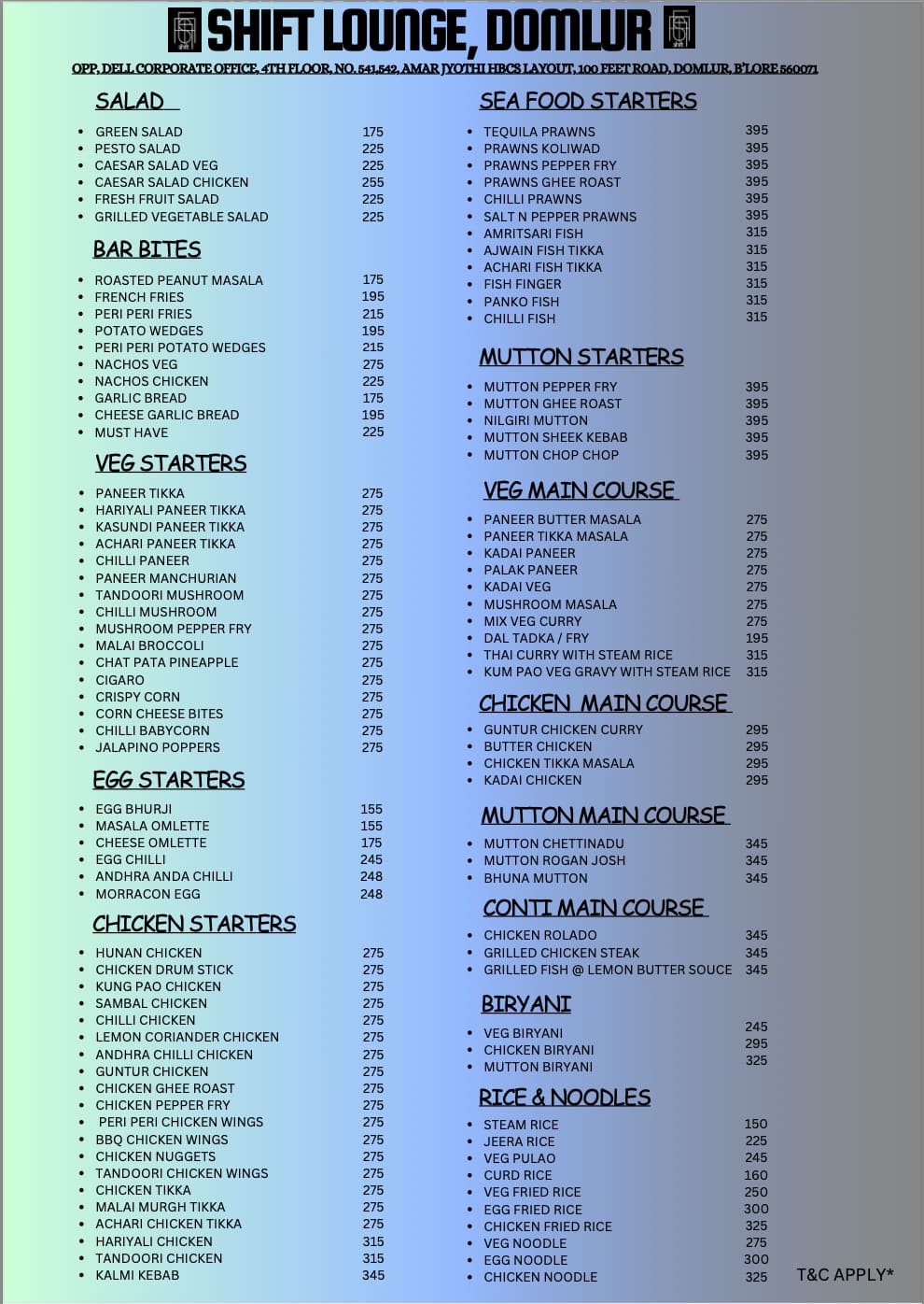Menu of Shift Lounge & Bar, Domlur, Bangalore