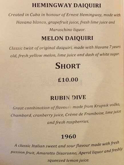 Menu at Lounge Bar, London, Kensington High Street