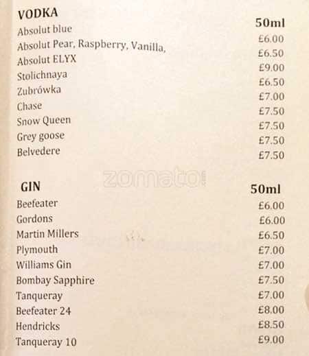 Menu at Lounge Bar, London, Kensington High Street