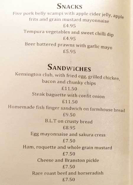 Menu at Lounge Bar, London, Kensington High Street