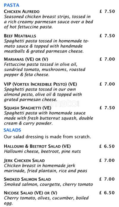 Menu at Vortex Downstairs pub & bar, London