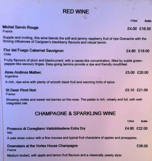 Menu at Vortex Downstairs pub & bar, London