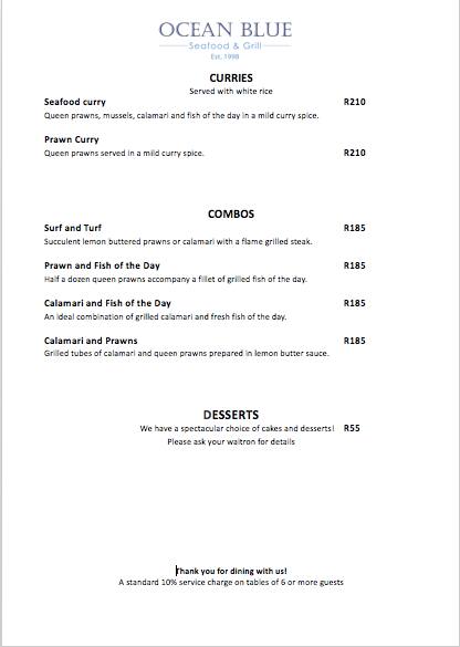 Menu at Ocean Blue restaurant, Cape Town, 1a