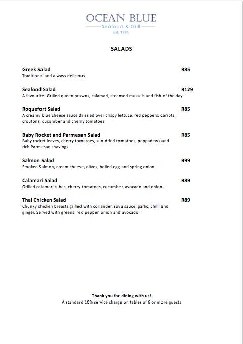 Menu at Ocean Blue restaurant, Cape Town, 1a