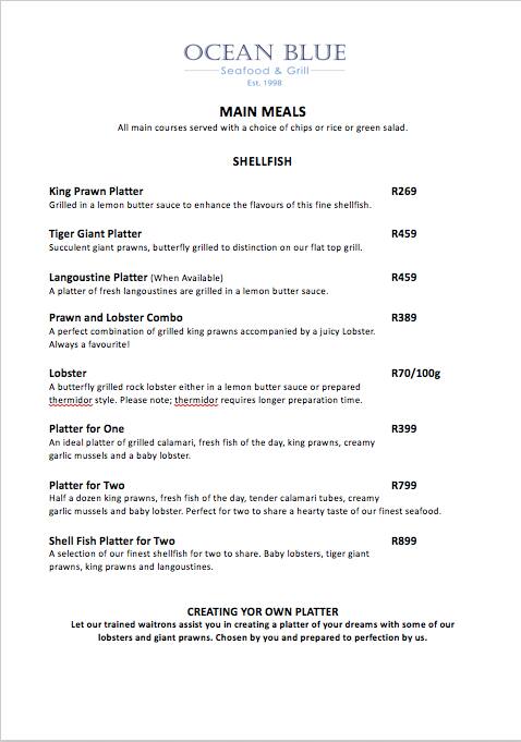 Menu at Ocean Blue restaurant, Cape Town, 1a