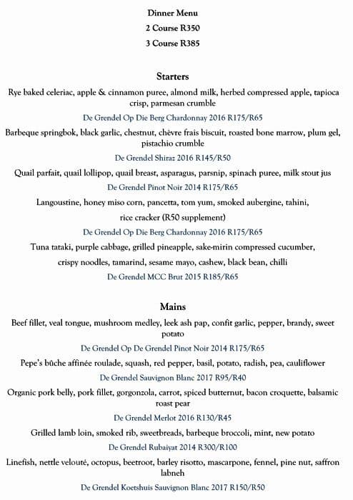 De Grendel Restaurant and Wine Estate Menu - Zomato SA