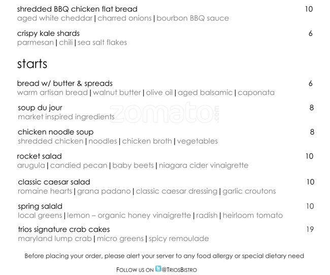 Menu at Trios Bistro restaurant, Toronto