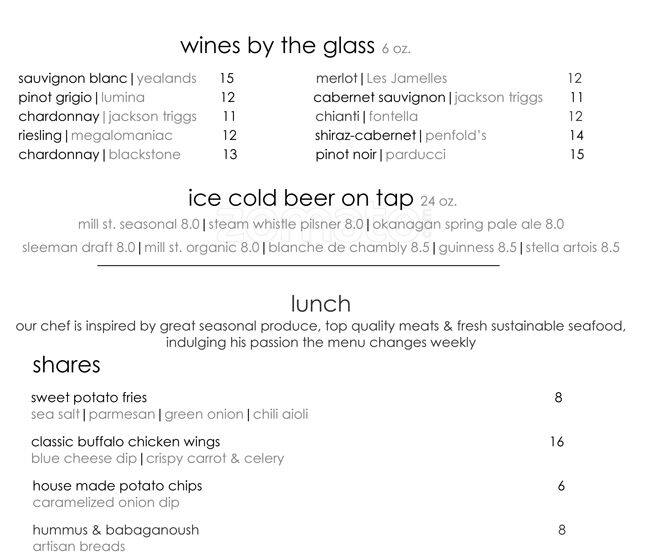 Menu at Trios Bistro restaurant, Toronto