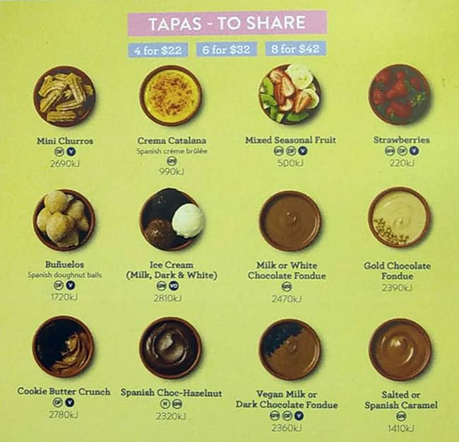 Menu at San Churro Erina Fair desserts, Erina