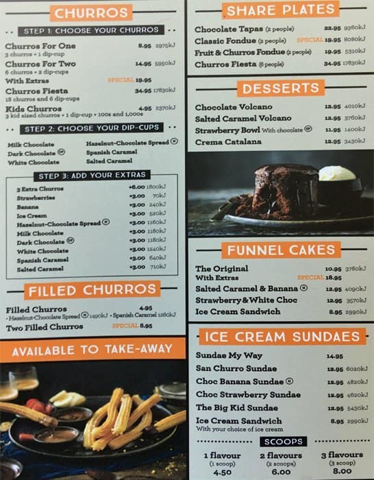 Menu at San Churro restaurant, Bondi Beach