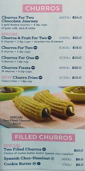 Menu at San Churro Erina Fair desserts, Erina