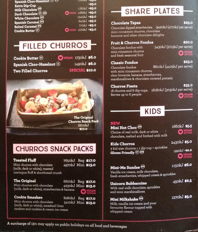 Menu at San Churro restaurant, Bondi Beach