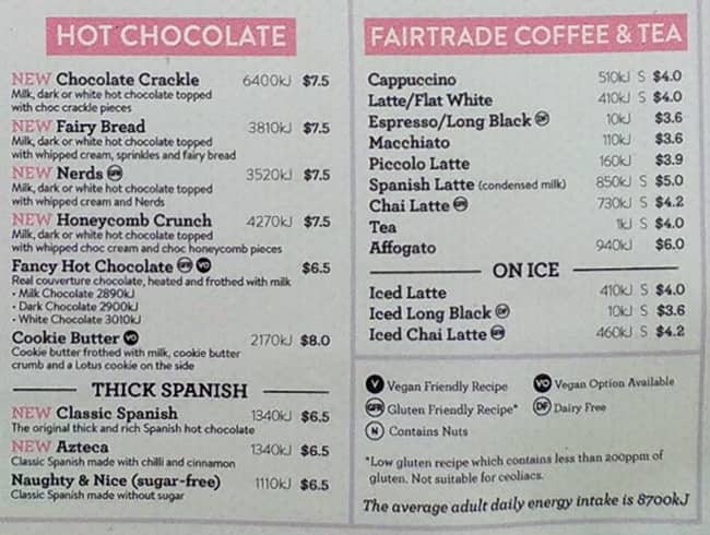 Menu at San Churro Erina Fair desserts, Erina