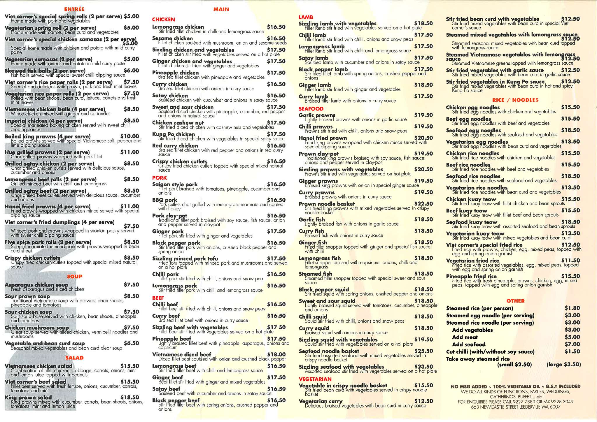 Menu at Viet Corner restaurant, Leederville