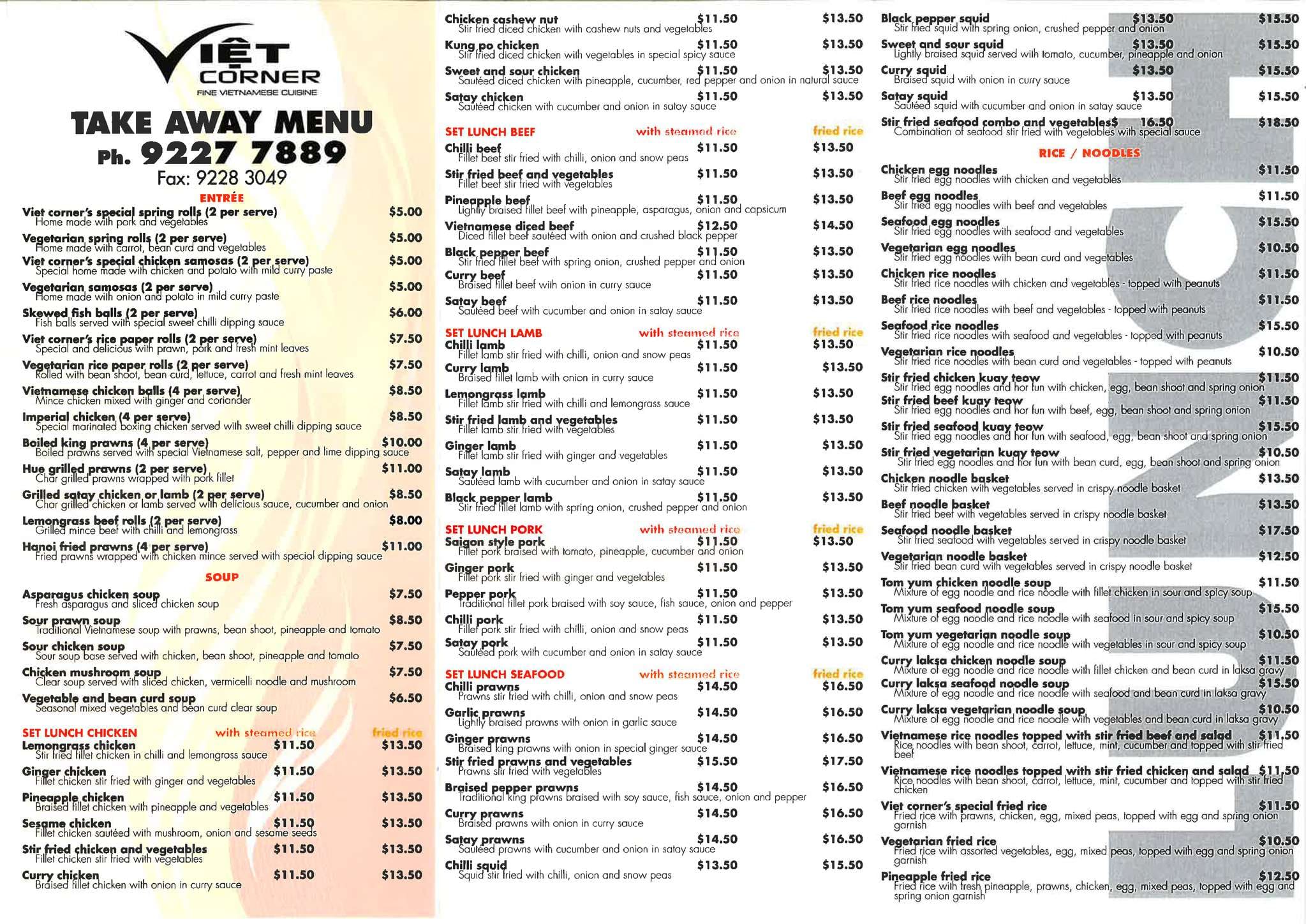 Menu at Viet Corner restaurant, Leederville